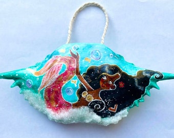 Beautiful Blue Haired Mermaid Painted Crab Shell Ornament. Packaged in ...