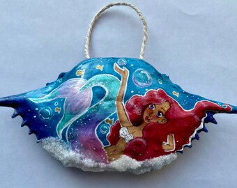 Beautiful Blue Haired Mermaid Painted Crab Shell Ornament. Packaged in ...