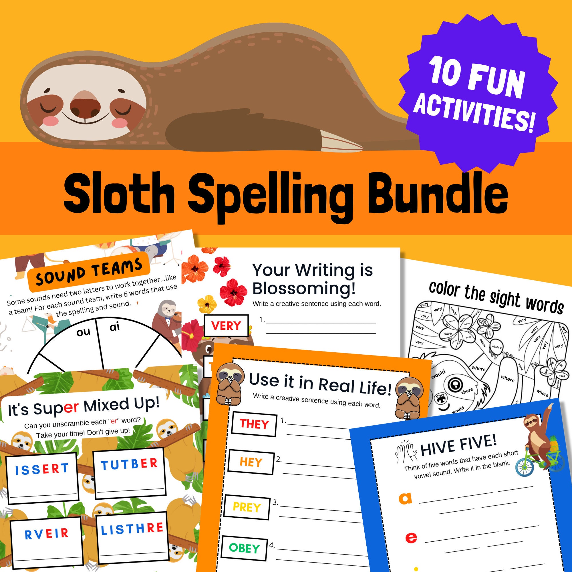 Sloth Spelling Activity Bundle for Ages 7-12 - Etsy