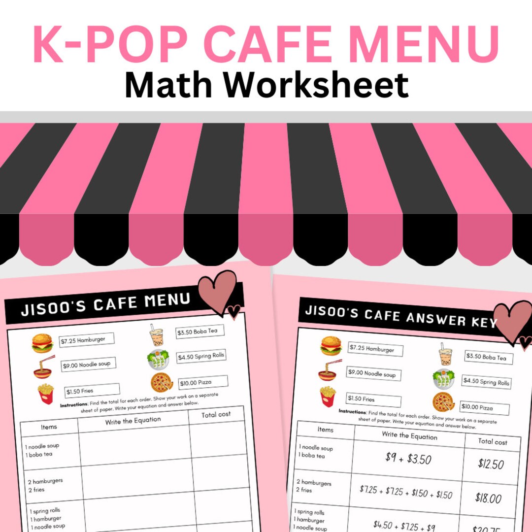 K-pop Style Cafe Menu Math Worksheet - Etsy