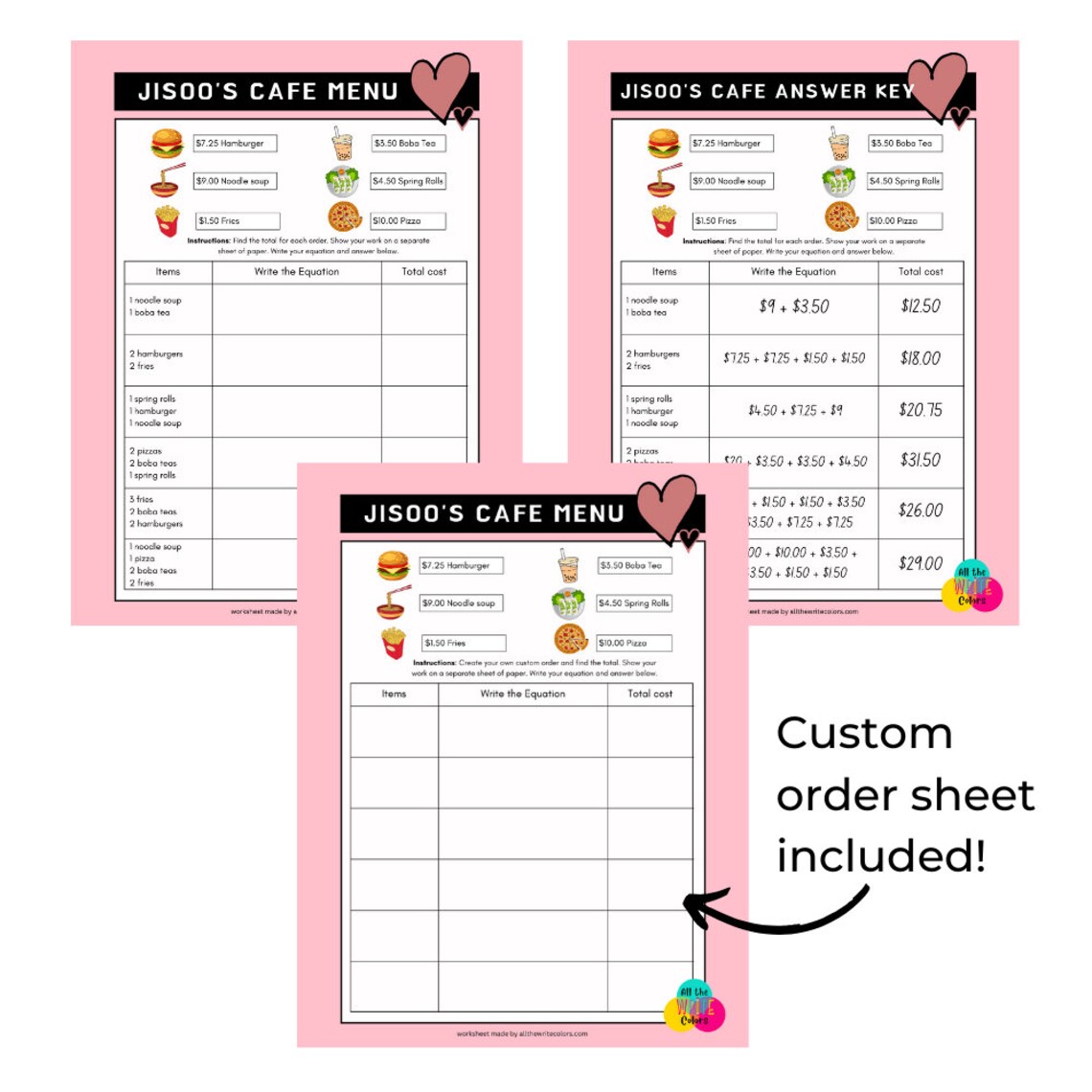 K-pop Style Cafe Menu Math Worksheet - Etsy