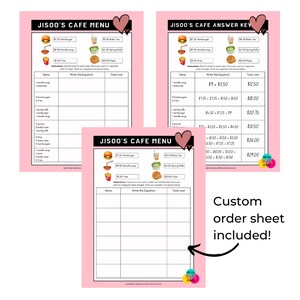 K-pop Style Cafe Menu Math Worksheet - Etsy