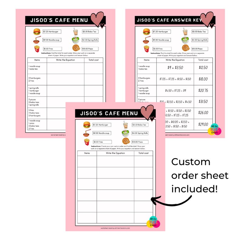 K-pop Style Cafe Menu Math Worksheet - Etsy