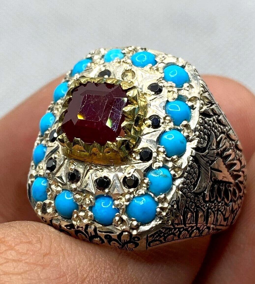 Blood Red African Ruby Ring With Natural Turquoise Feroza Stone Heavy ...