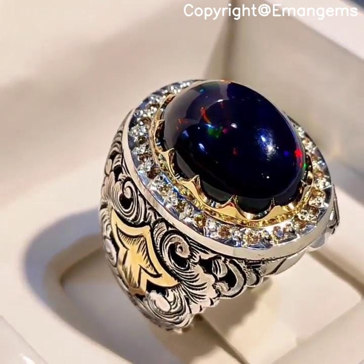 Natural Black Opal Ring - Genuine Fire Opal Gemstone Jewelry for Men ...