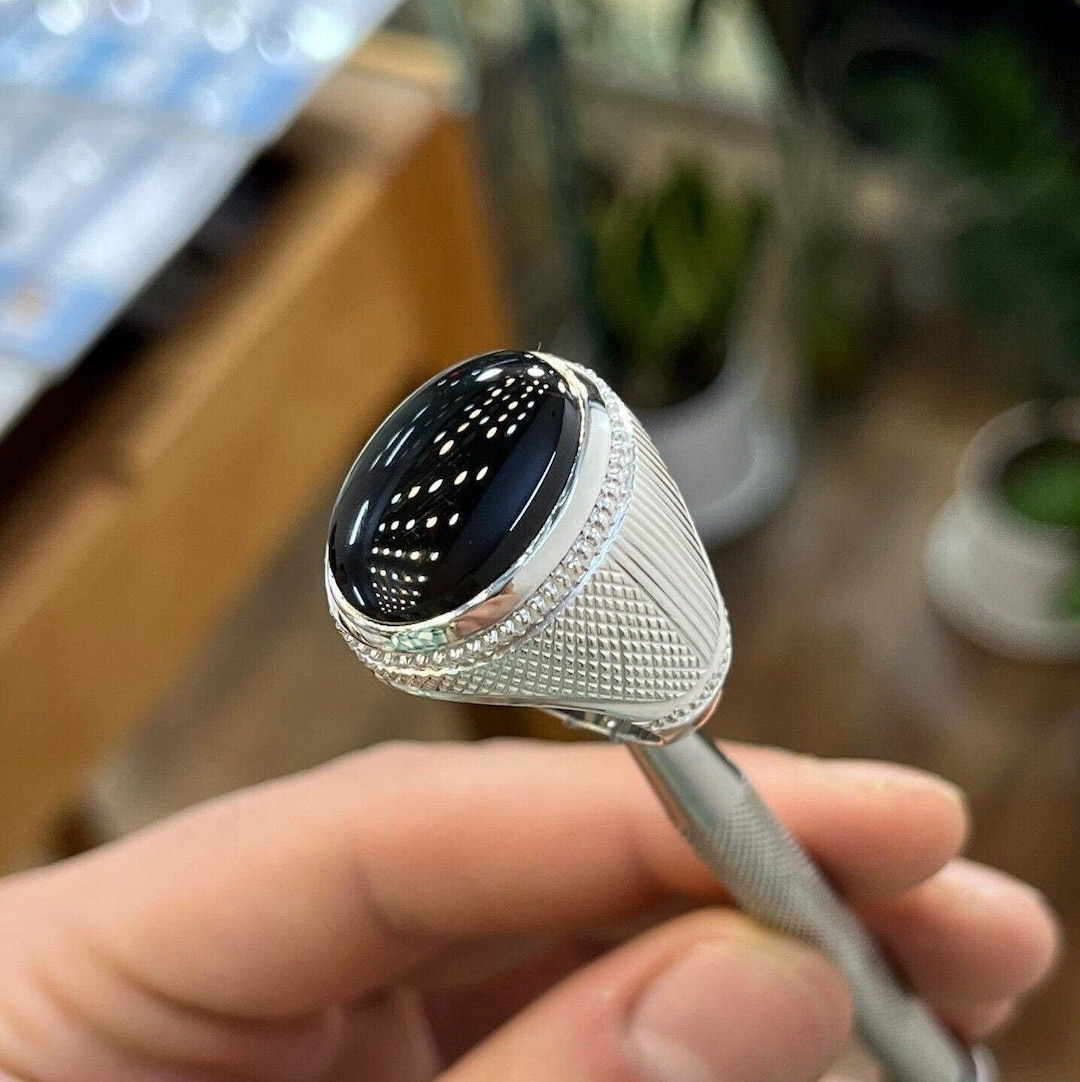 Original Yemeni Aqeeq Stone Ring Real Natural Black Yamani Akik Silver ...