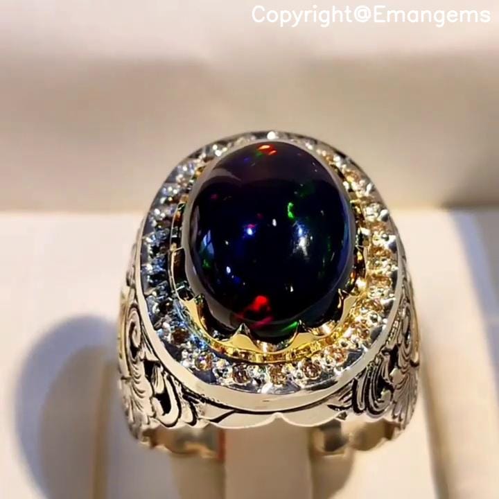 Natural Black Opal Ring - Genuine Fire Opal Gemstone Jewelry for Men ...