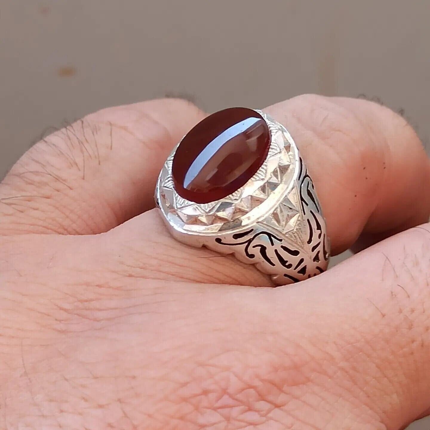Original Brown Yemeni Aqeeq Blood Red Under Light Sterling Silver Ring ...