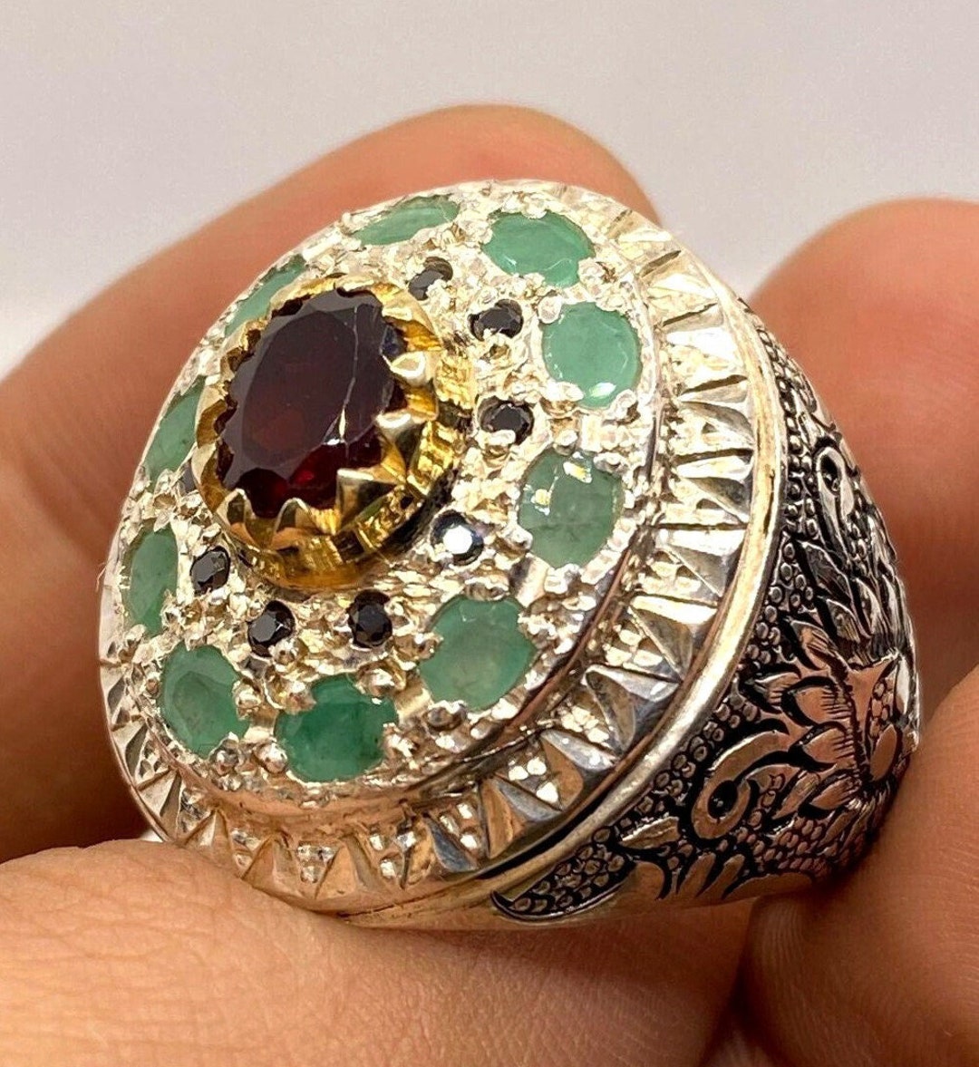 Real Garnet Original Zambian Emerald Zamurd Stone Ring Silver A ...
