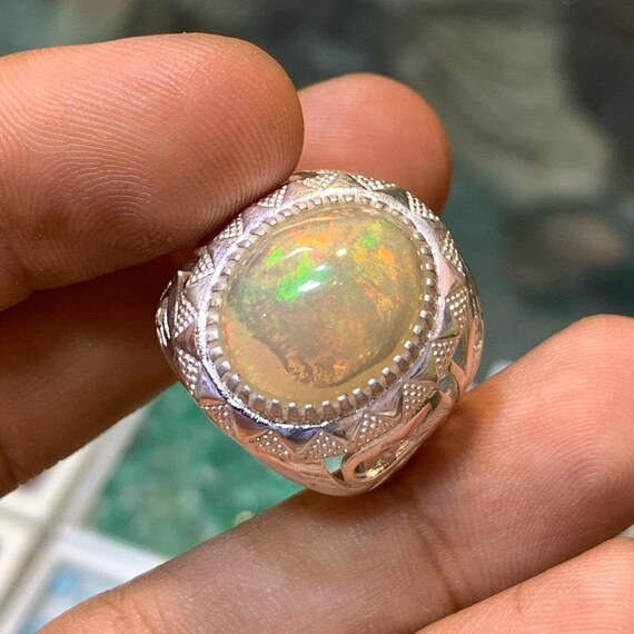 Original Ethiopian Fire White Opal Stone Ring Natural… - Gem