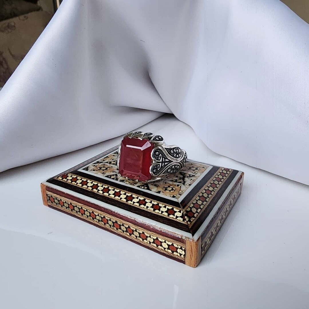 Emerald Cut Pigeon Blood Red Ruby Stone Sterling Silver Ring Burma Ruby ...