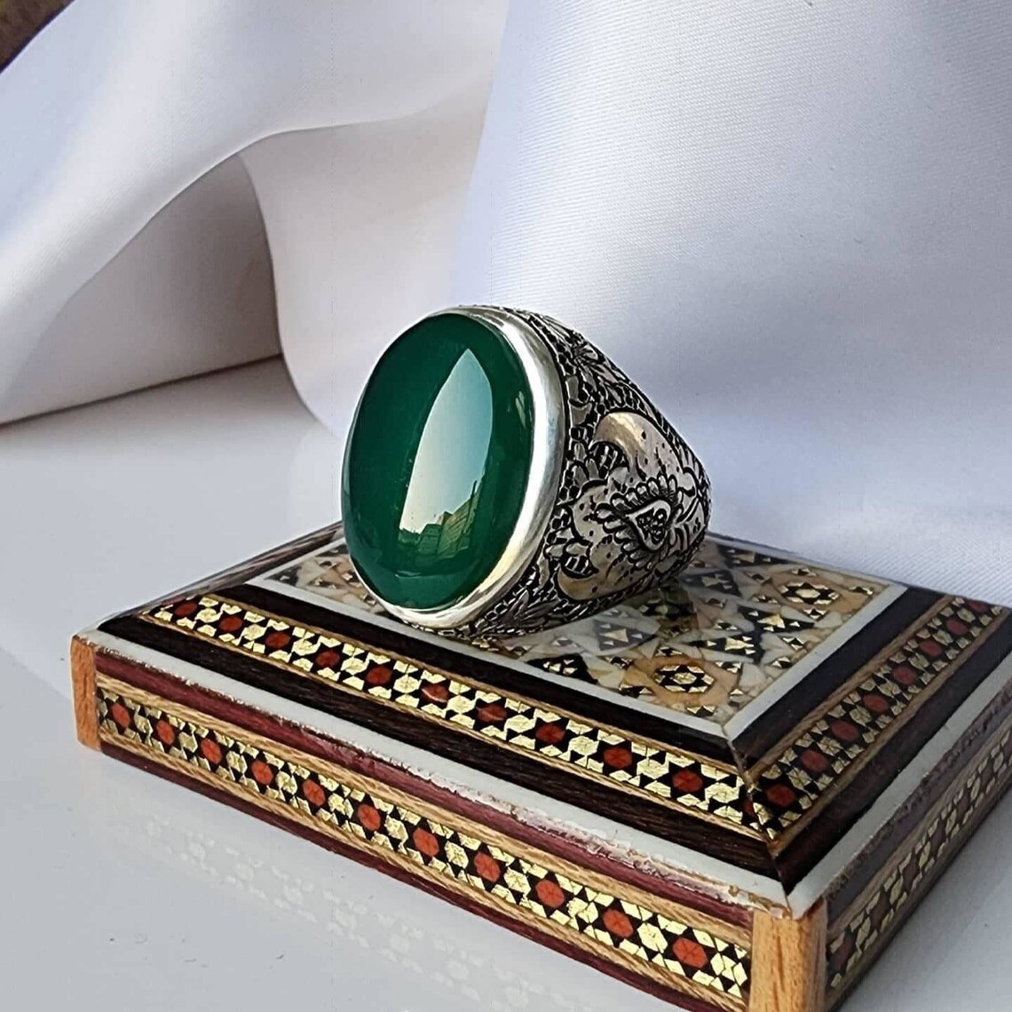 Green Aqeeq Yemeni Stone Sterling Silver Ring Natural Green Yamani Akik ...