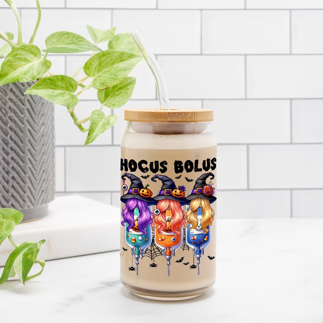 Hocus Bolus Nurse Iced Coffee Glass Can, Onocology Halloween Sipper Cup ...