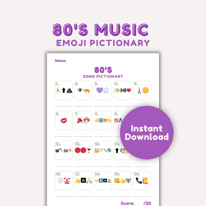 80s Music Emoji Pictionary, 80s Theme Party Games, Song Emoji ...