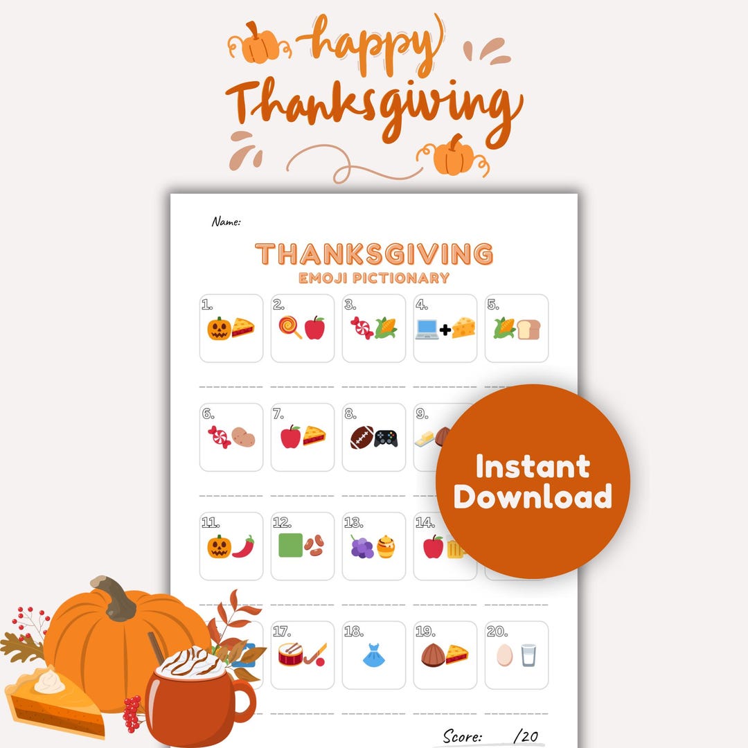 Thanksgiving Emoji Pictionary, Thanksgiving Trivia Game, Printable ...