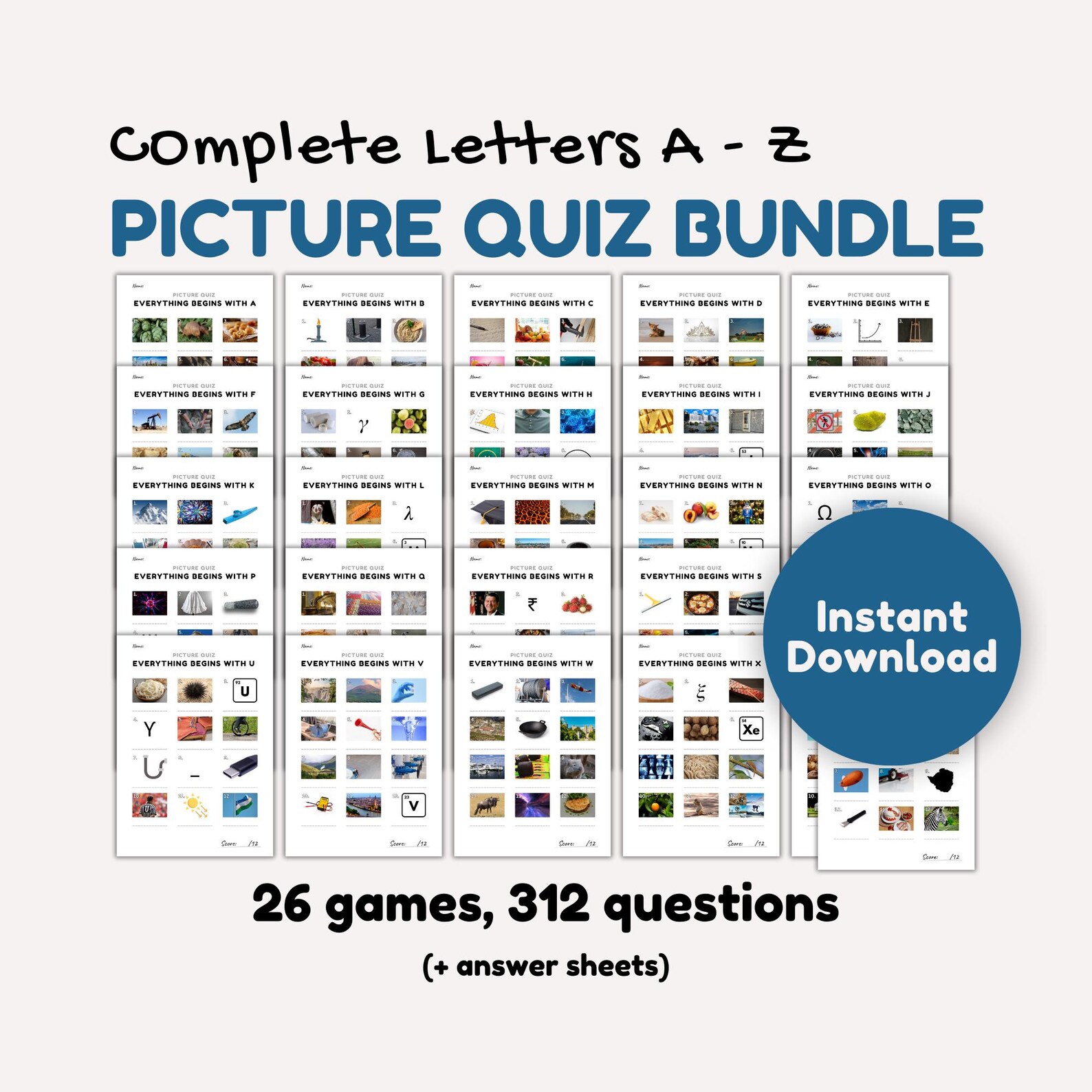 A-Z Alphabet Picture Quiz Bundle: 26 Printable Games (digital Download ...