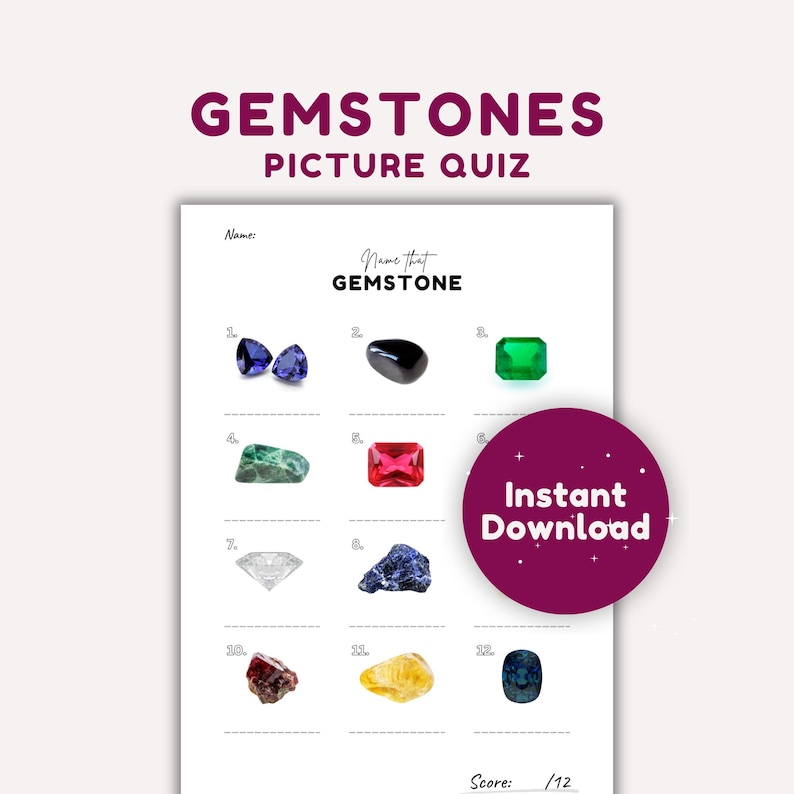 Pub Quiz, Gemstone Quiz, Picture Quiz, Printable Game, Instant Download ...
