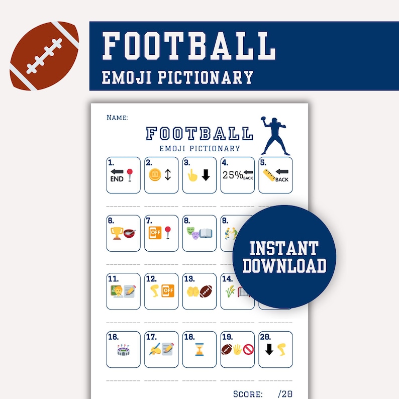 Football Emoji Pictionary Printable Game, Football Party Game, American ...