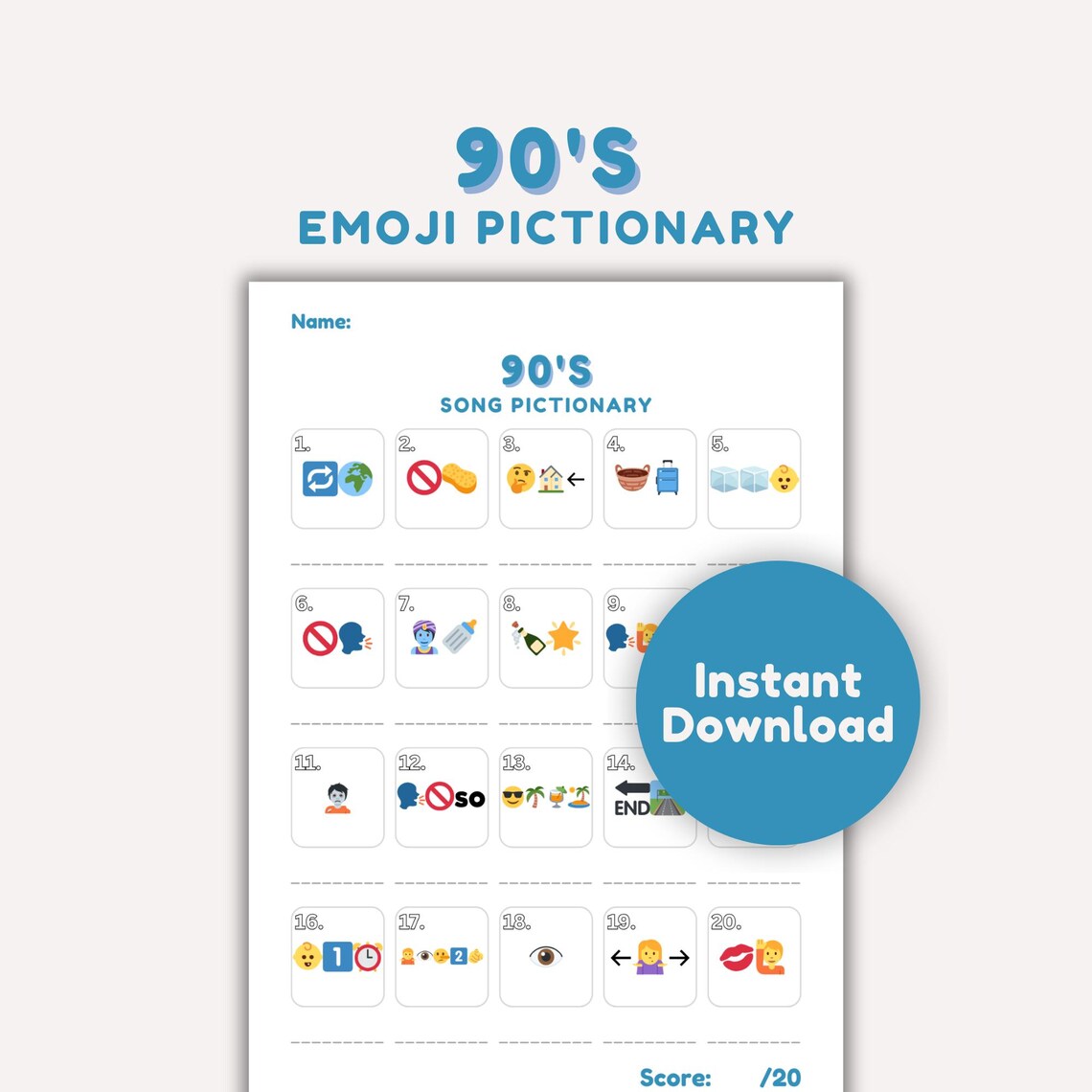 90's Music Emoji Pictionary Game: Printable Trivia Quiz (digital ...