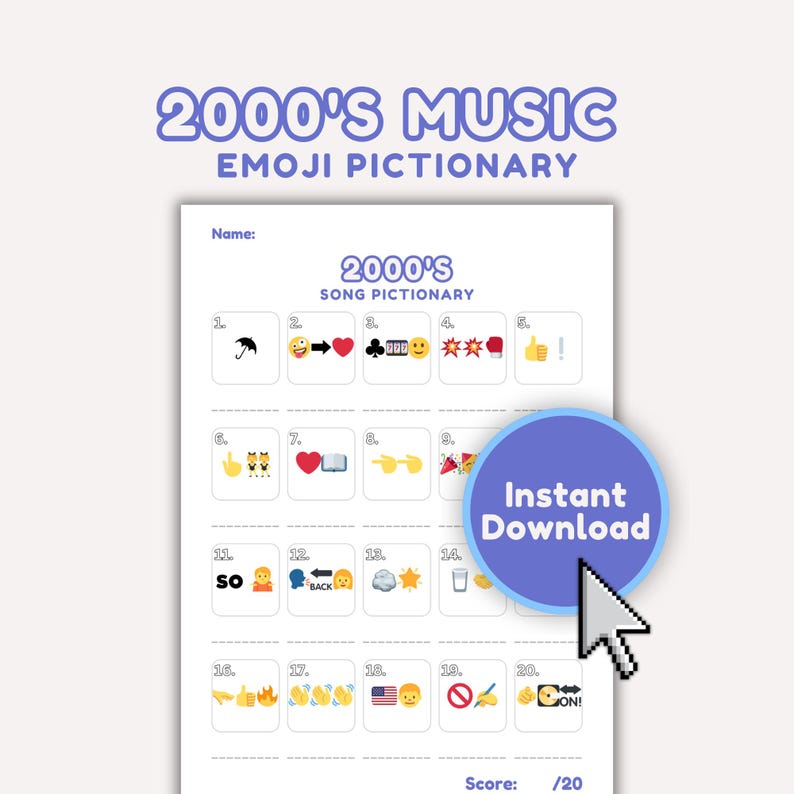 2000's Music Emoji Pictionary Game, Printable 2000's Hits Emoji Quiz, Fun 2000's Music Party ...