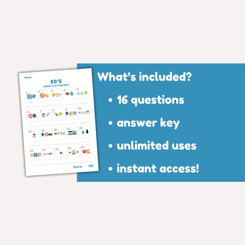 90's Music Emoji Pictionary Game: Printable Trivia Quiz (digital ...