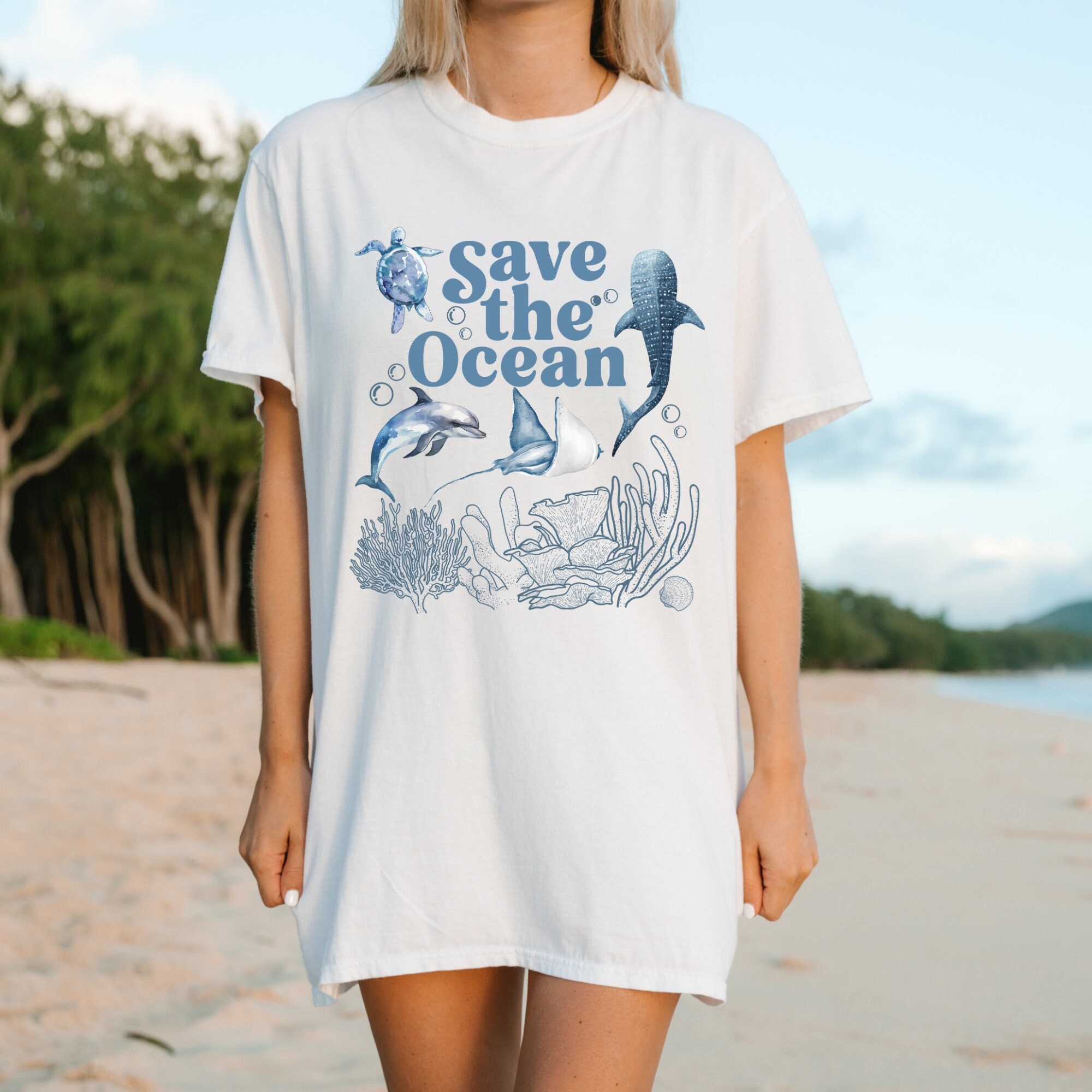 Save the Ocean Shirt With Watercolor Drawing in Vintage Style for Sea ...