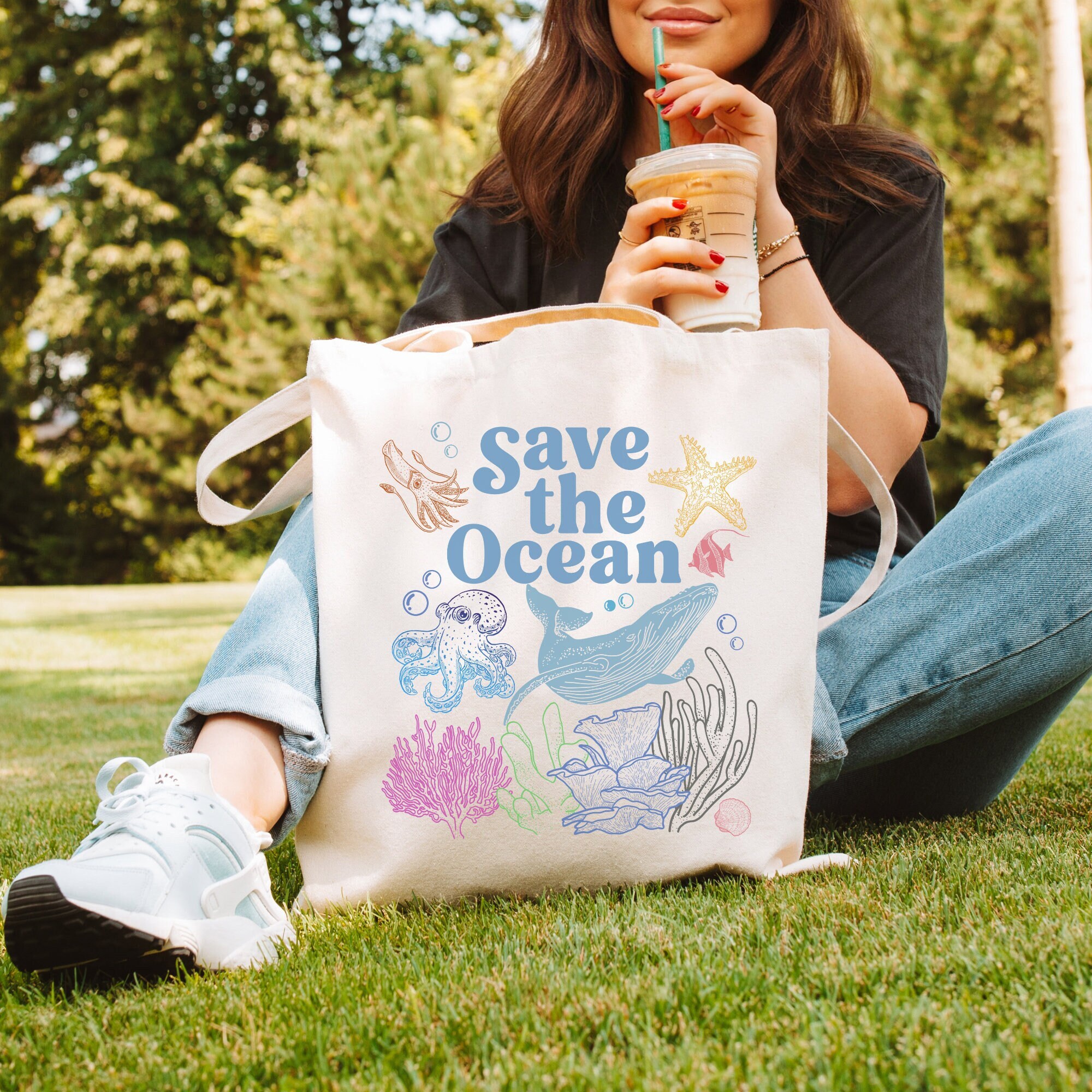 Save the Ocean Tote Bag With Marine Animals and Corals for Marine ...
