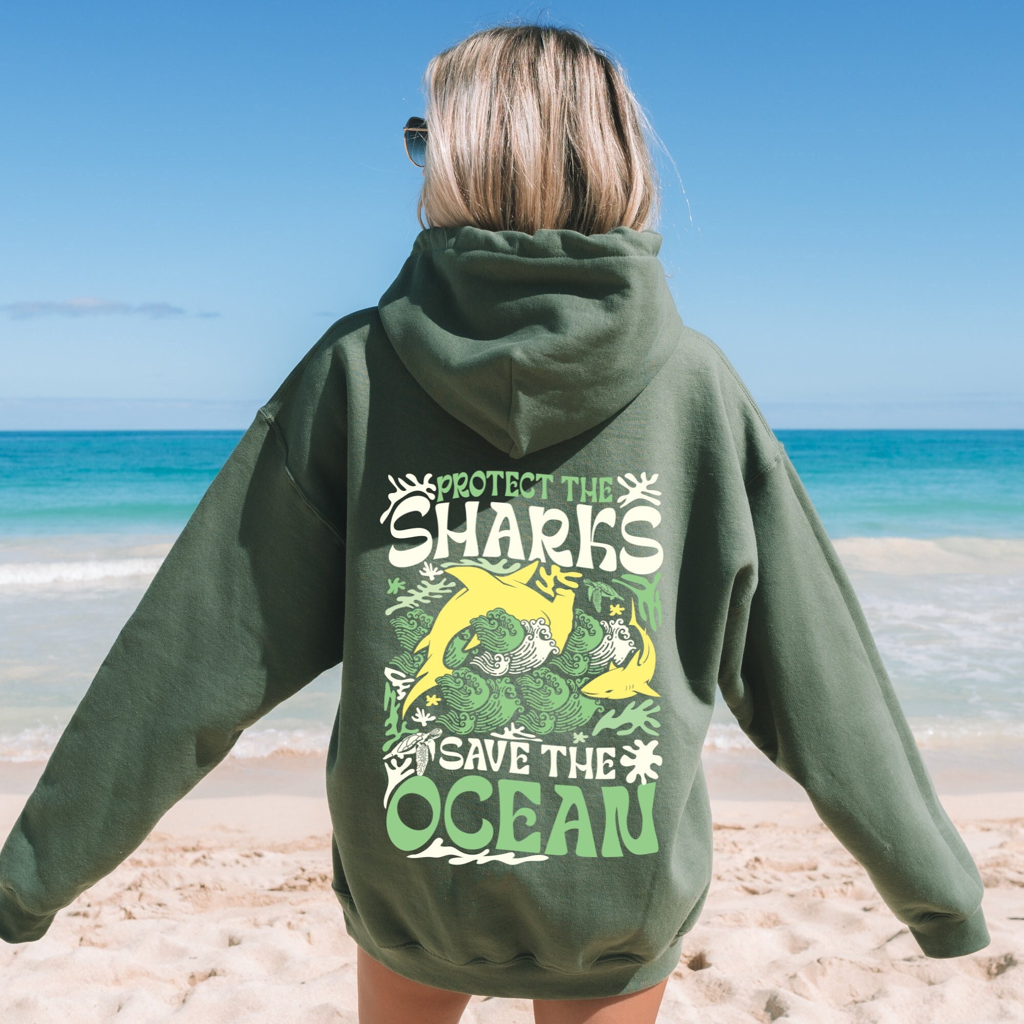 Aesthetic Hooded Sweatshirt With Words on Back Protect the Sharks Save ...