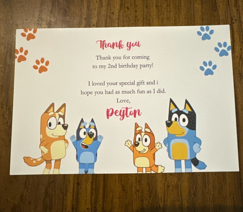 Bluey Birthday Thank You Card Custom Kids Birthday Bluey - Etsy