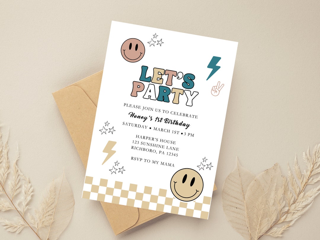 Retro Checkered Birthday Invitation: Happy Face, Lightning Bolt ...