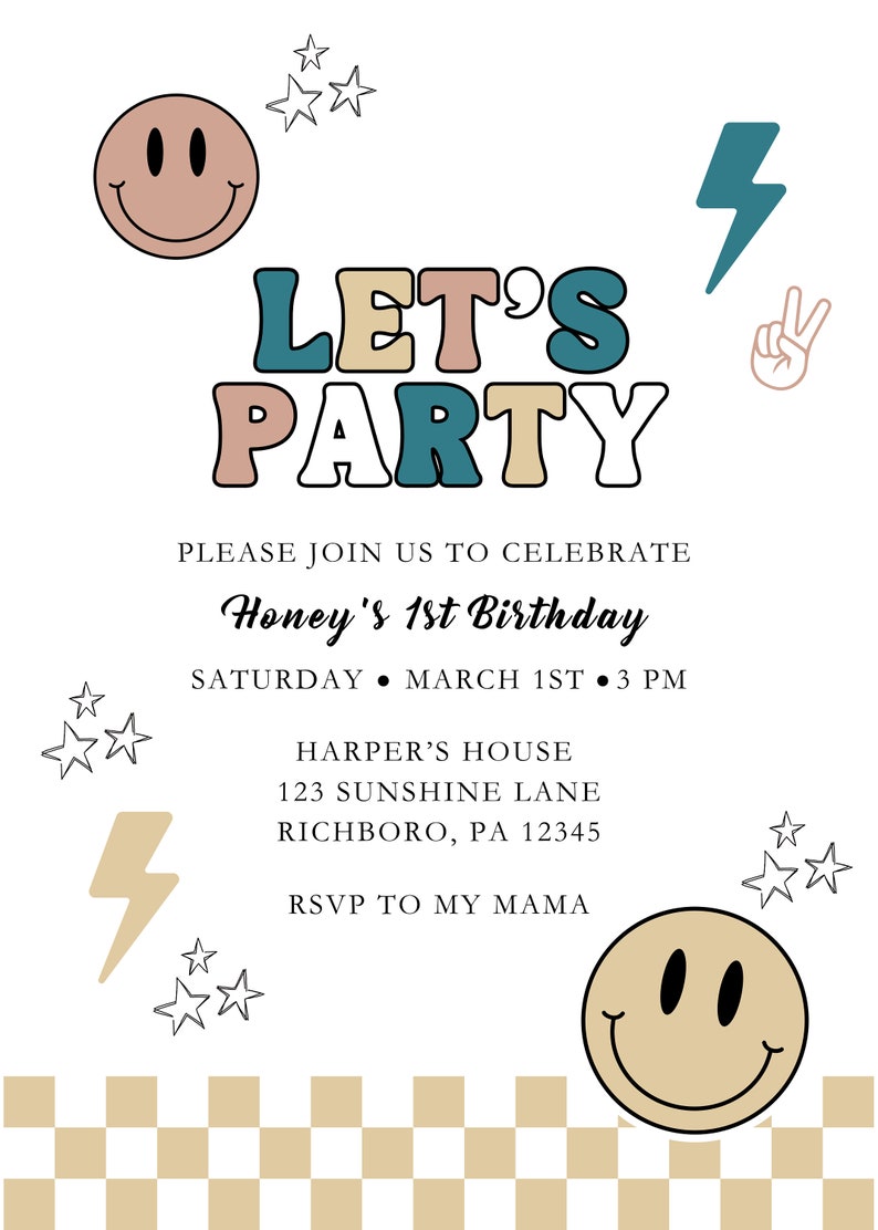 Retro Checkered Birthday Invitation: Happy Face, Lightning Bolt ...