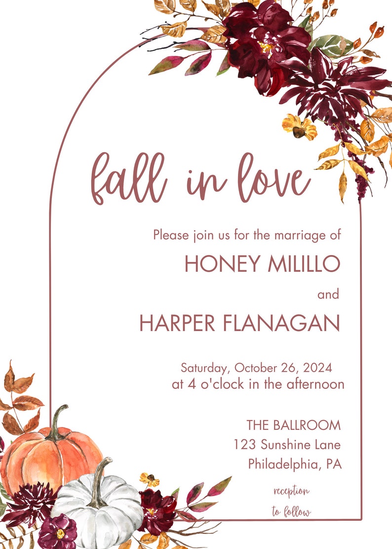 Autumn Wedding Invitation, Fall in Love Invitations, Floral Wedding ...
