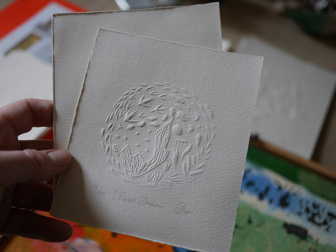 Sweet Dreams | Embossed Minimalist Print | Original Linocut Fine Art ...