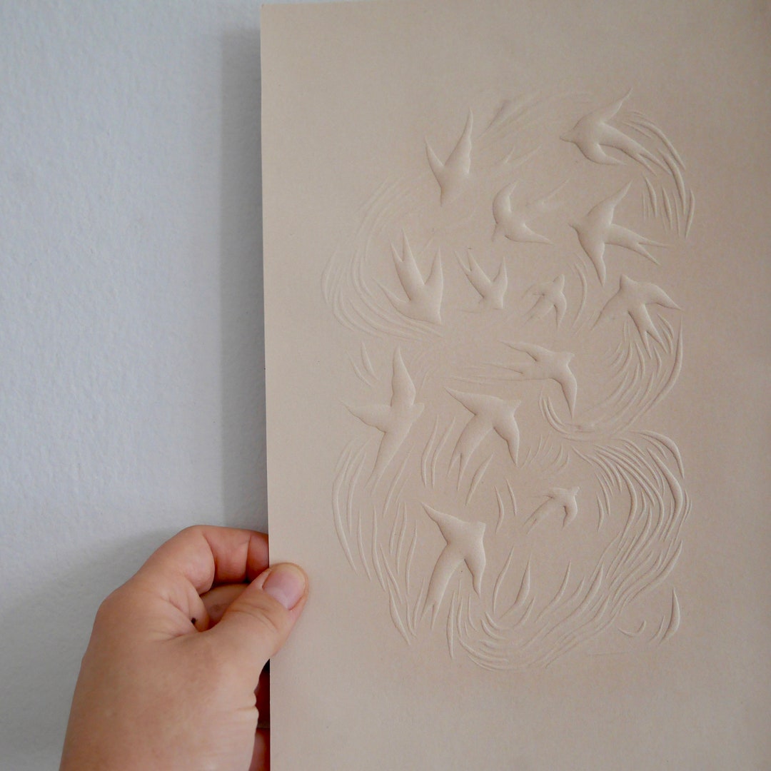 Freedom Embossed Lino Print of Birds in Flight Original Linocut Fine ...