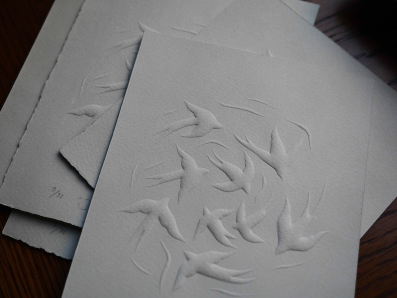 Embossed Minimalist Lino Print of Birds in Flight | Original Linocut ...