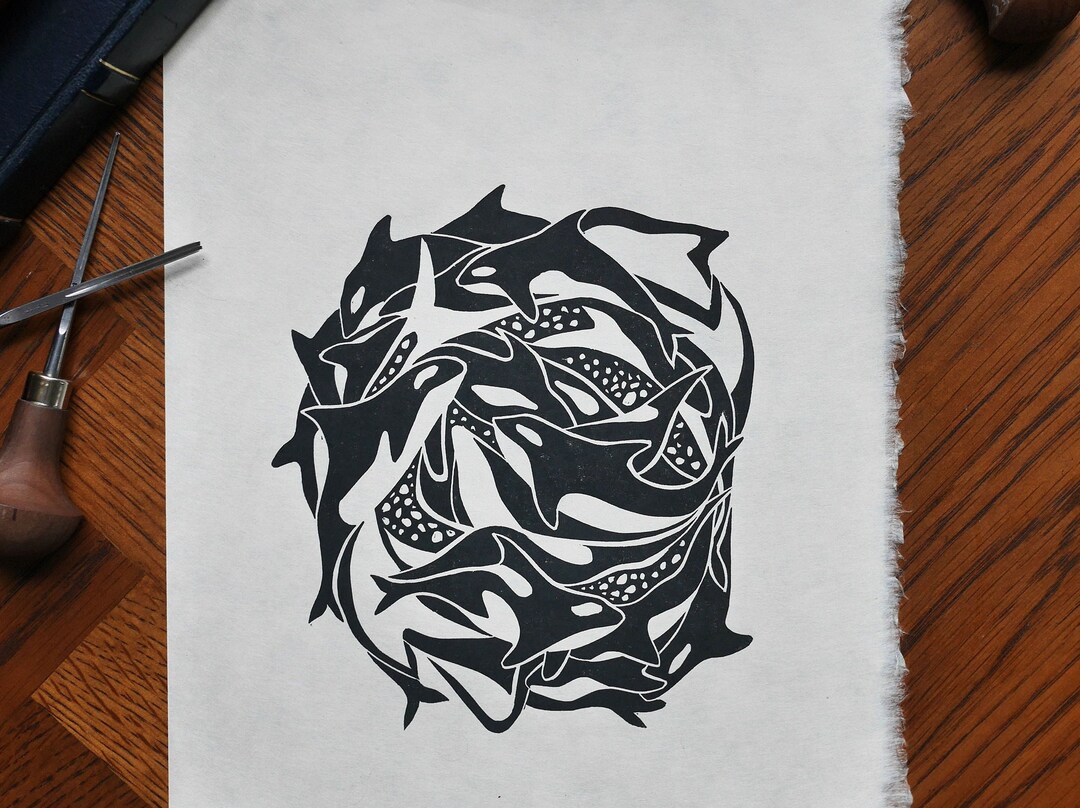 Orca Pod | Original Lino Print - Limited Edition Linocut Illustration ...