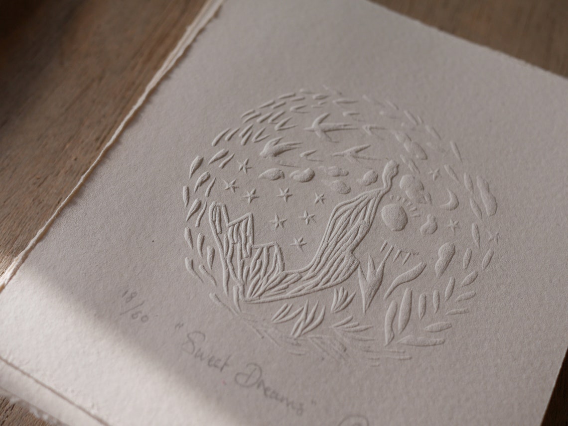 Sweet Dreams | Embossed Minimalist Print | Original Linocut Fine Art ...