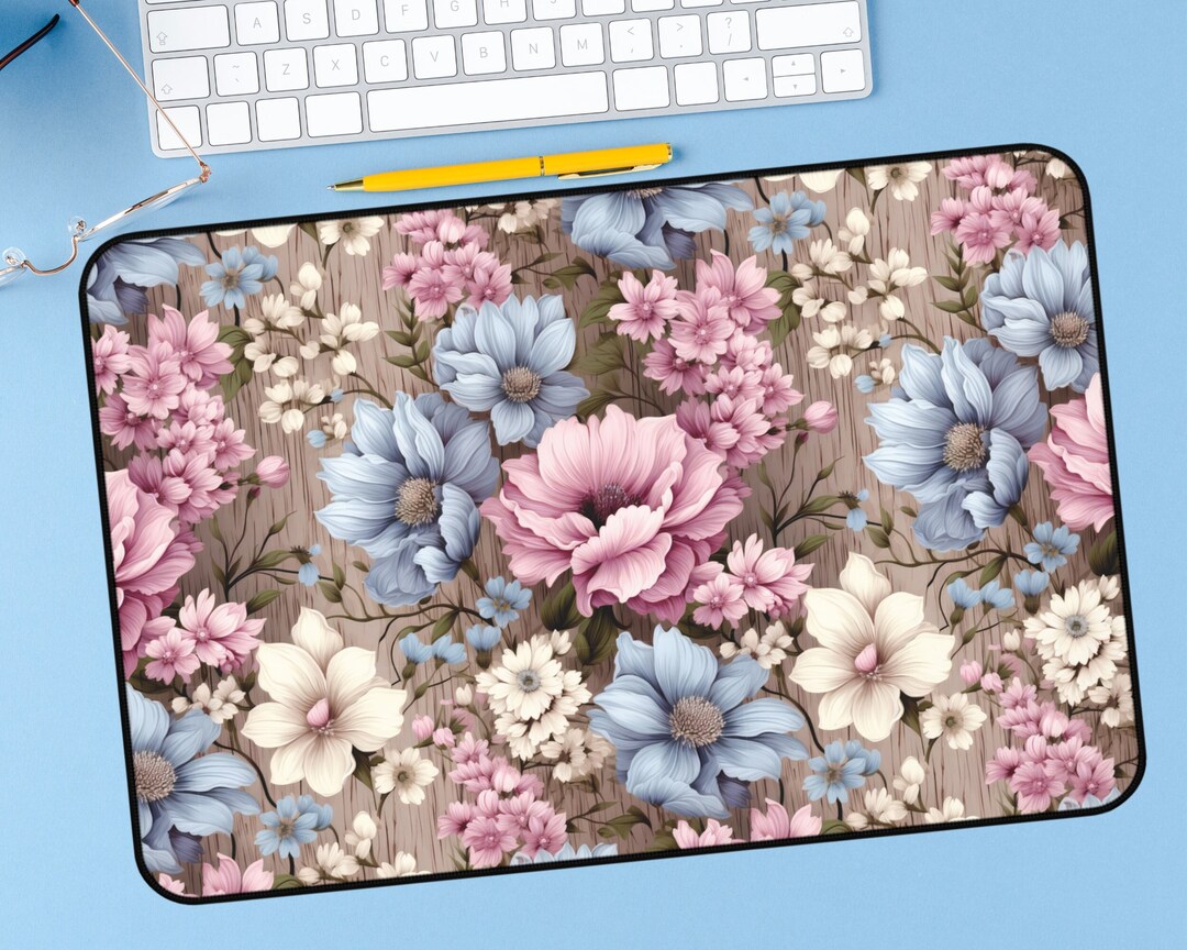 Beige Pastel Floral Desk Mat, Cottagecore Pastel Floral Desk Mat, Large ...