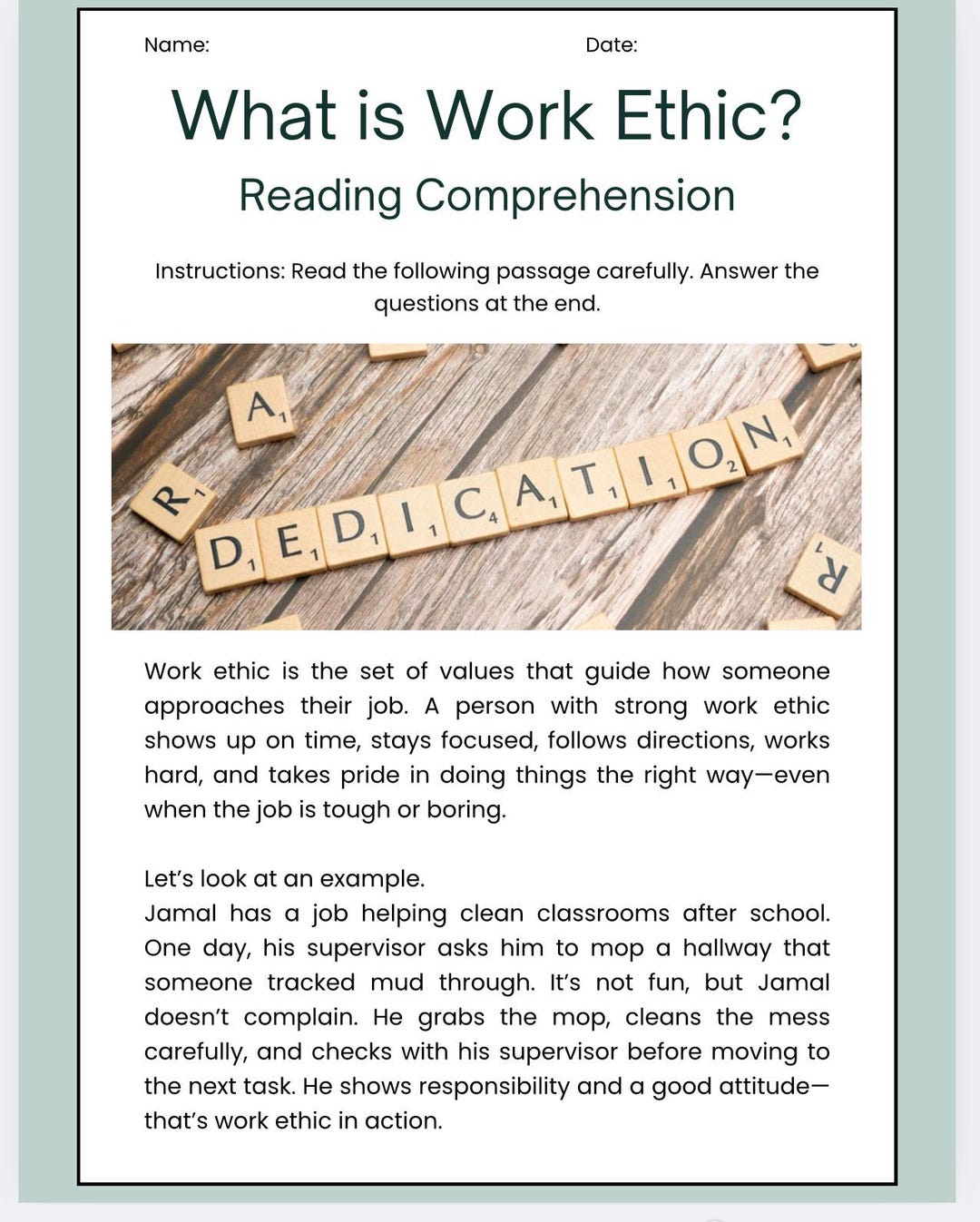 Work Ethic Reading Passage & Comprehension Questions | Employment Prep ...