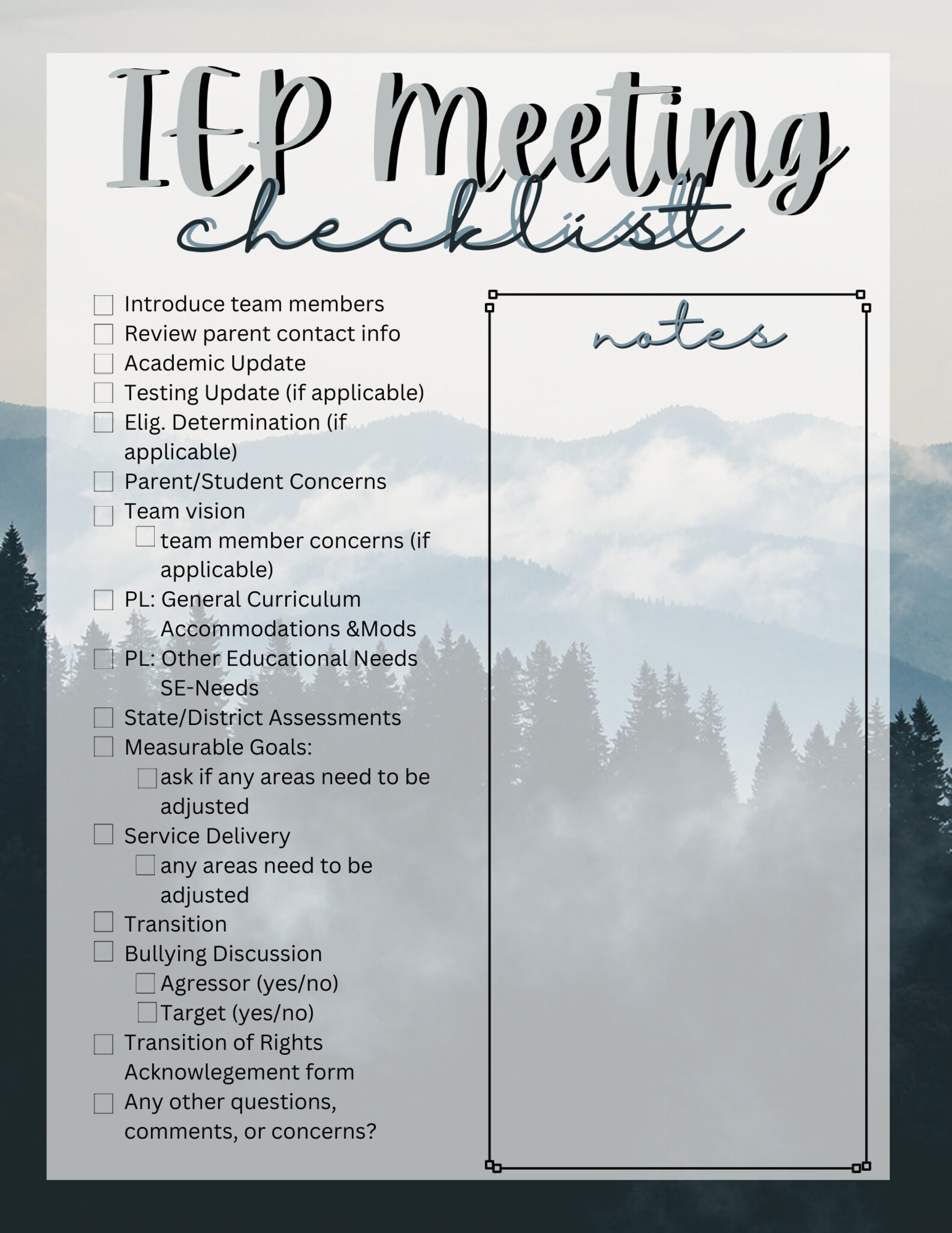 IEP Meeting Checklist - Etsy