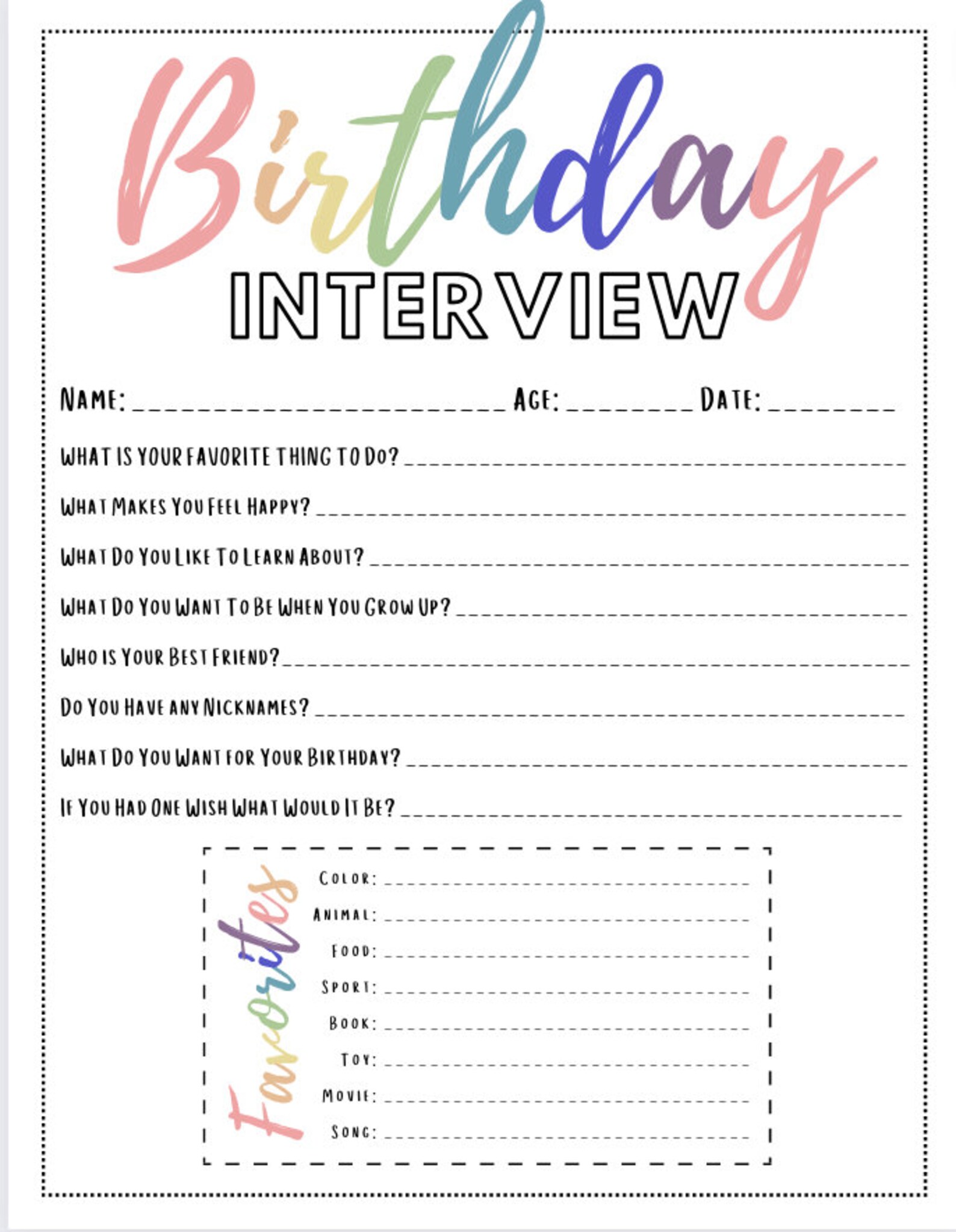 Birthday Interview | Child Interview | Memory Box Interview | Printable ...
