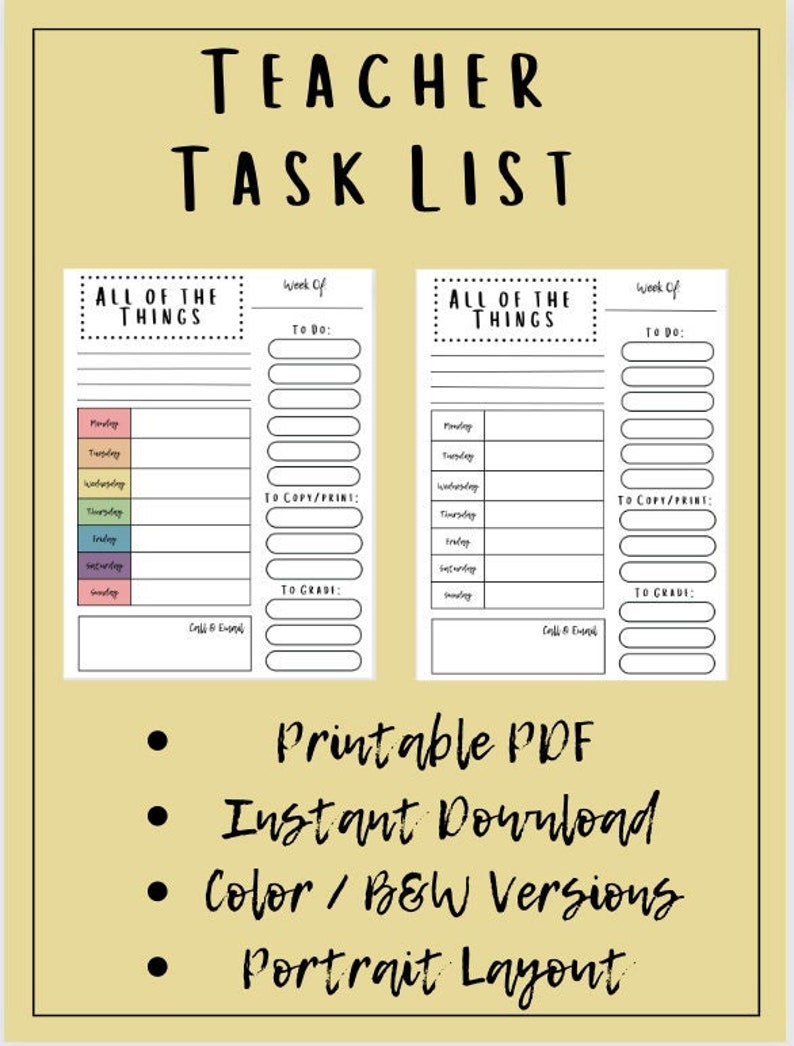 To Do List | Teacher to Do List | Task List | Tasks | Printable PDF - Etsy