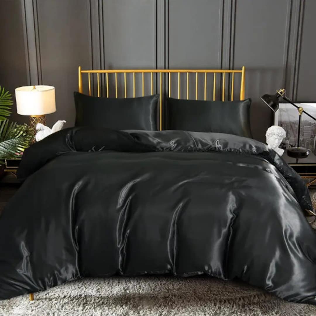 3 Pc Black Satin Luxury Bedding Set for Bedroom, Comforter Set for ...