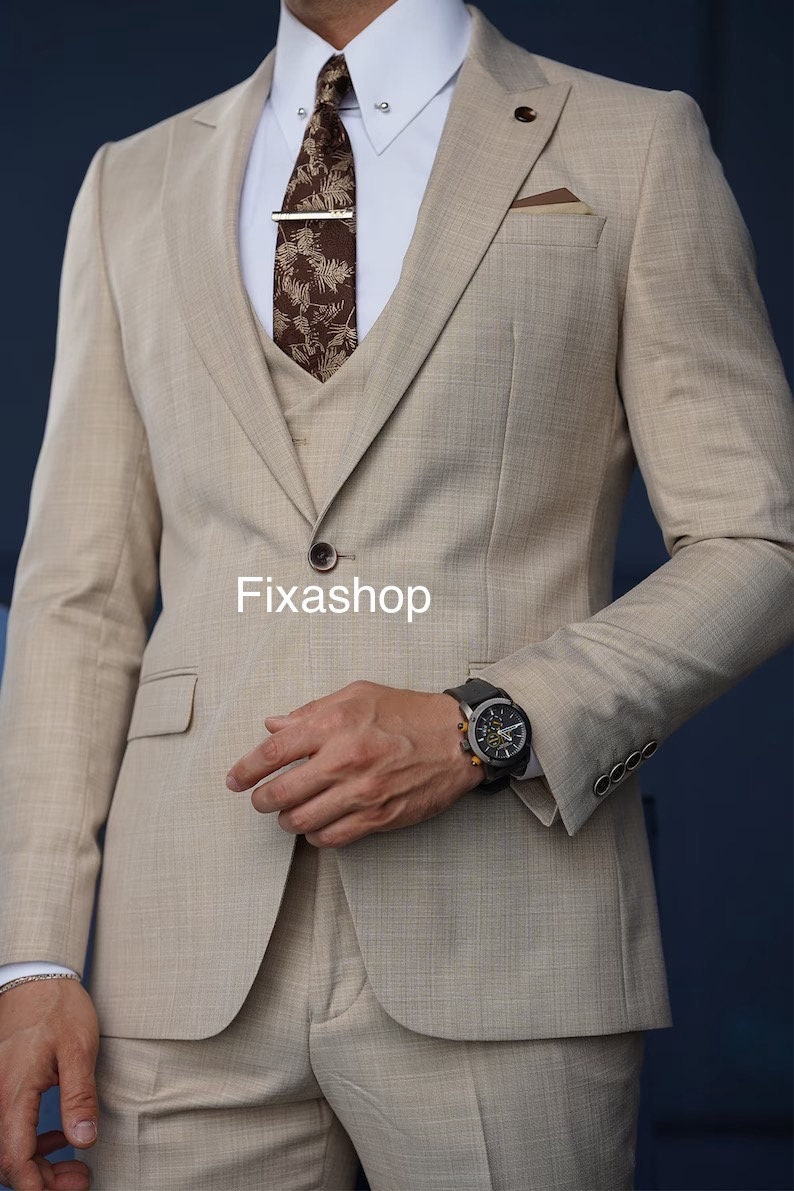 Suit Premium Beige Three Piece for Wedding Attire Suit, Anniversary ...