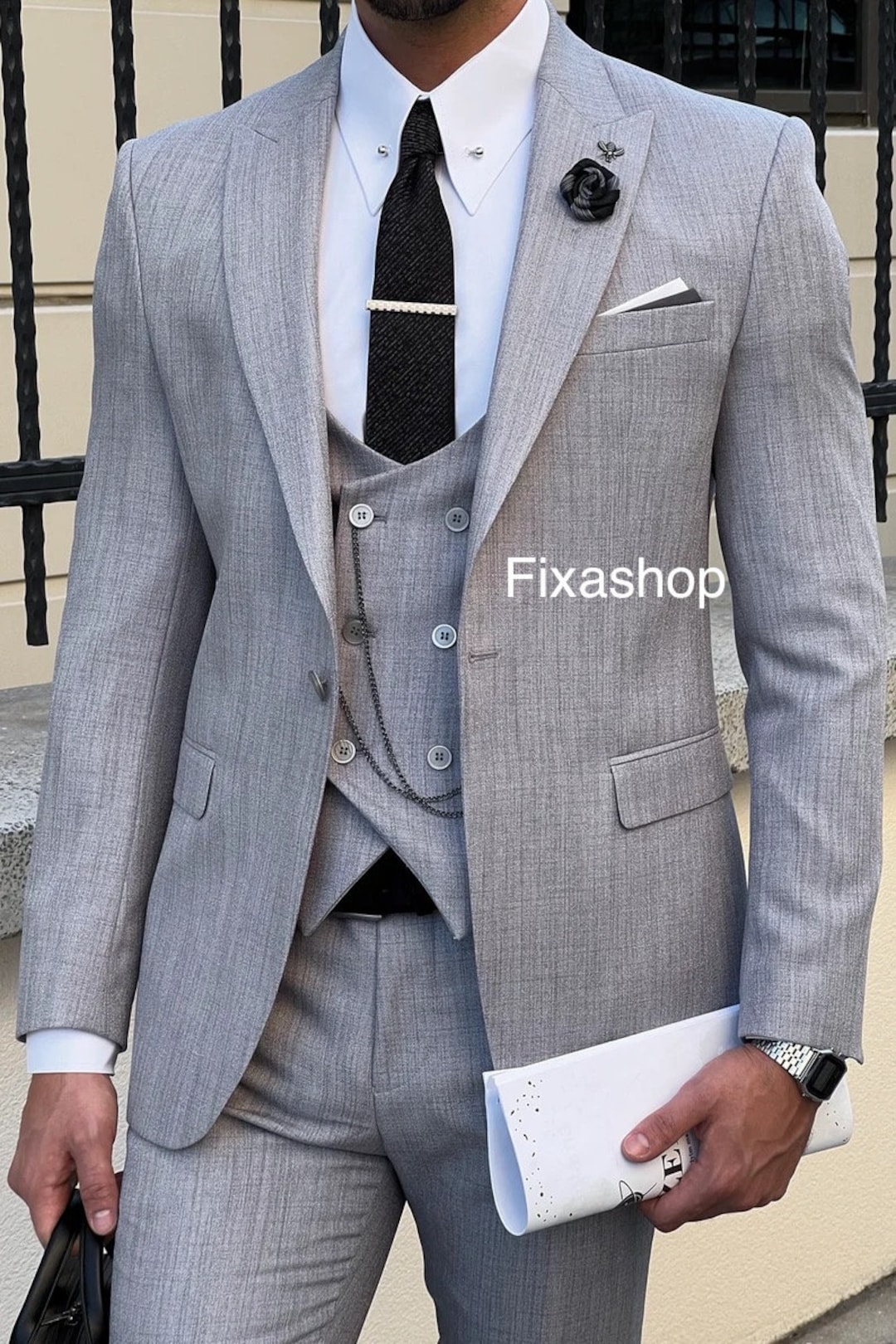 Mens Designer Slim Fit Gray Wedding Suit, Self Patterned Pointed Collar ...