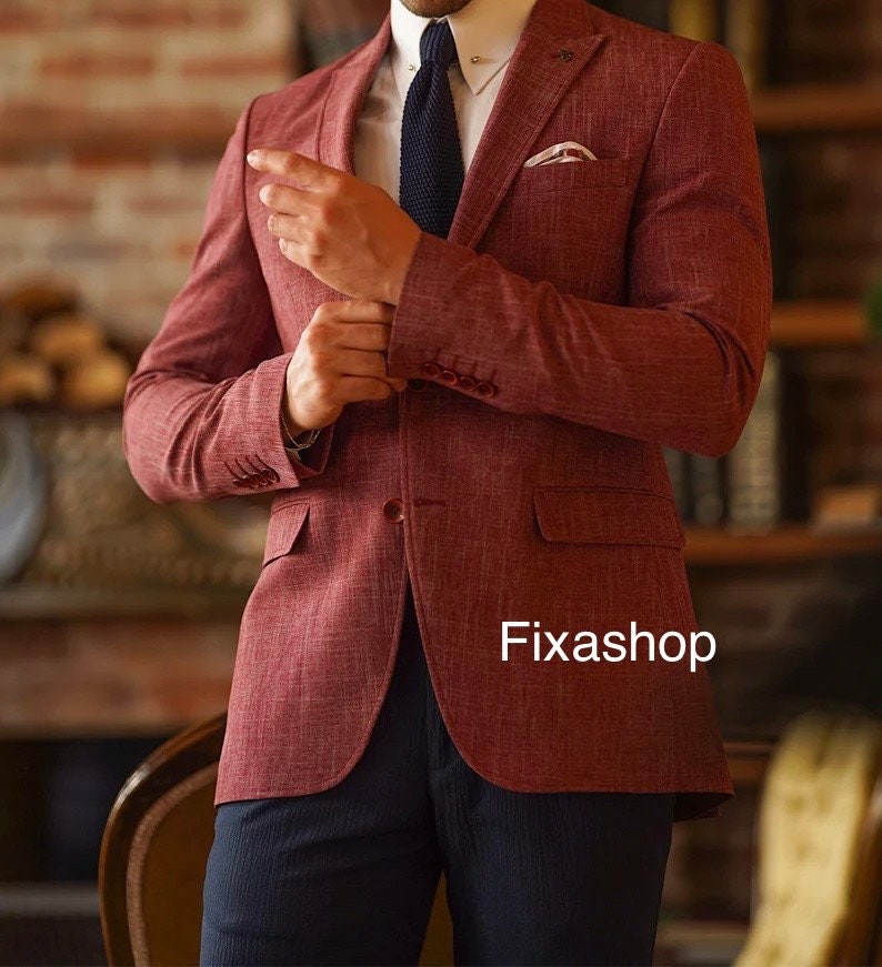 Red Mens Blazer, Slim Fit Linen Blazer, Two Buttons Blazer,groomsmen ...