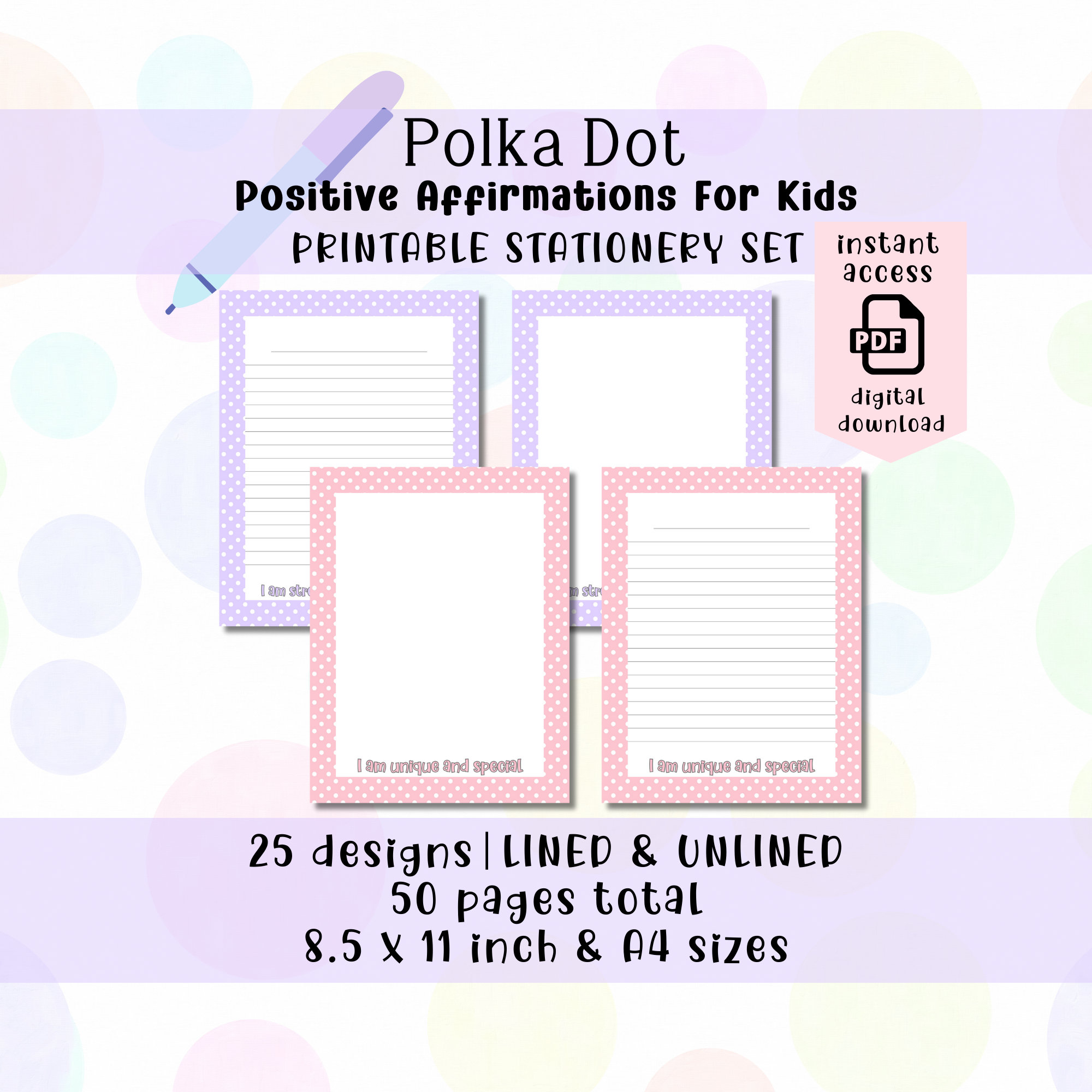 Positive Affirmation Stationery Set for Kids: Polka Dot Design (digital ...