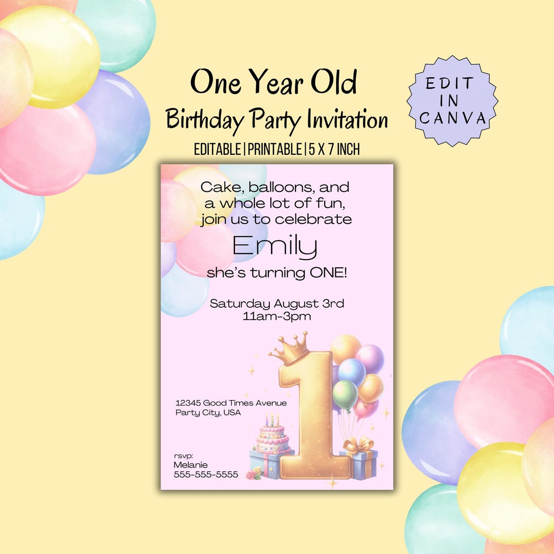 First Birthday Invitation: Editable Cake & Balloons, 5x7 (canva ...