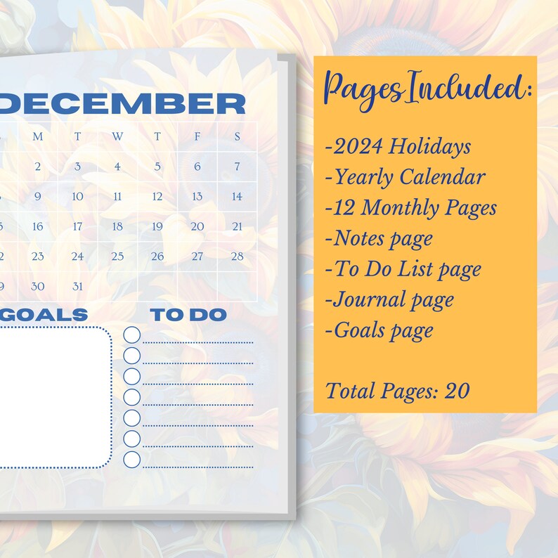 Sunflower Serenity 2024 Monthly Calendar Planner, Printable Calendar ...
