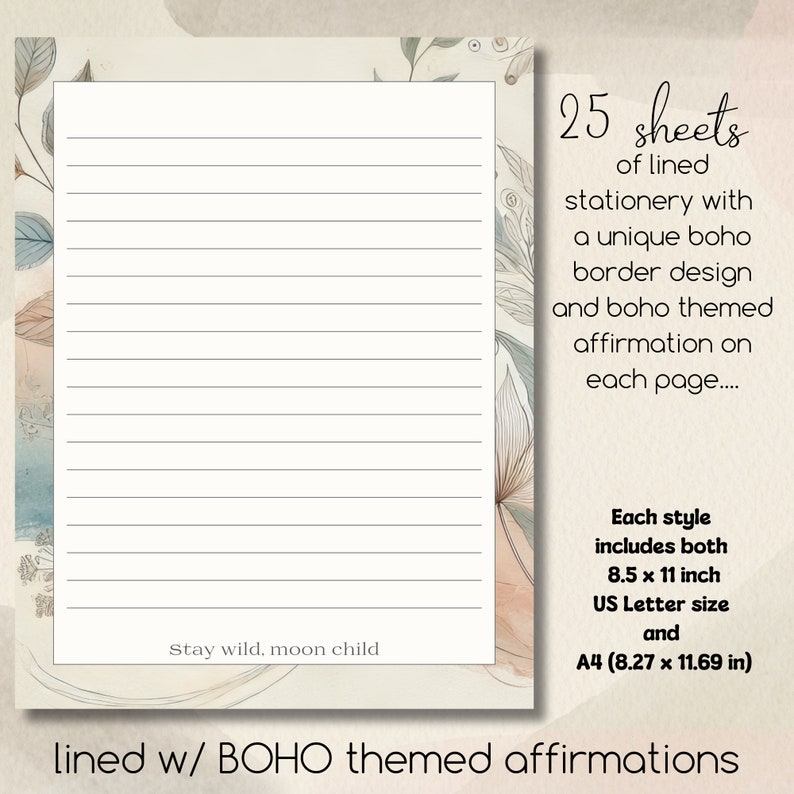 Printable Stationery Set, Bohemian Style Digital Paper, Affirmation ...